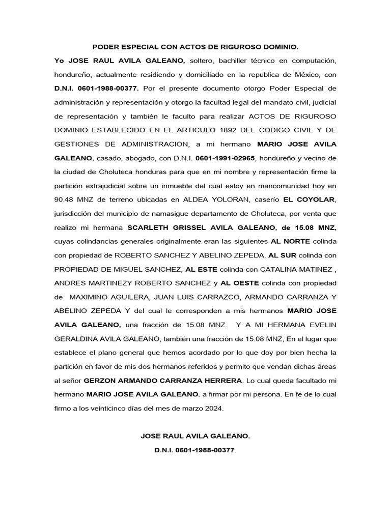 PODER ESPECIAL CON ACTOS DE RIGUROSO DOMINIO Y VENTA POR MARIO JOSE Y ...