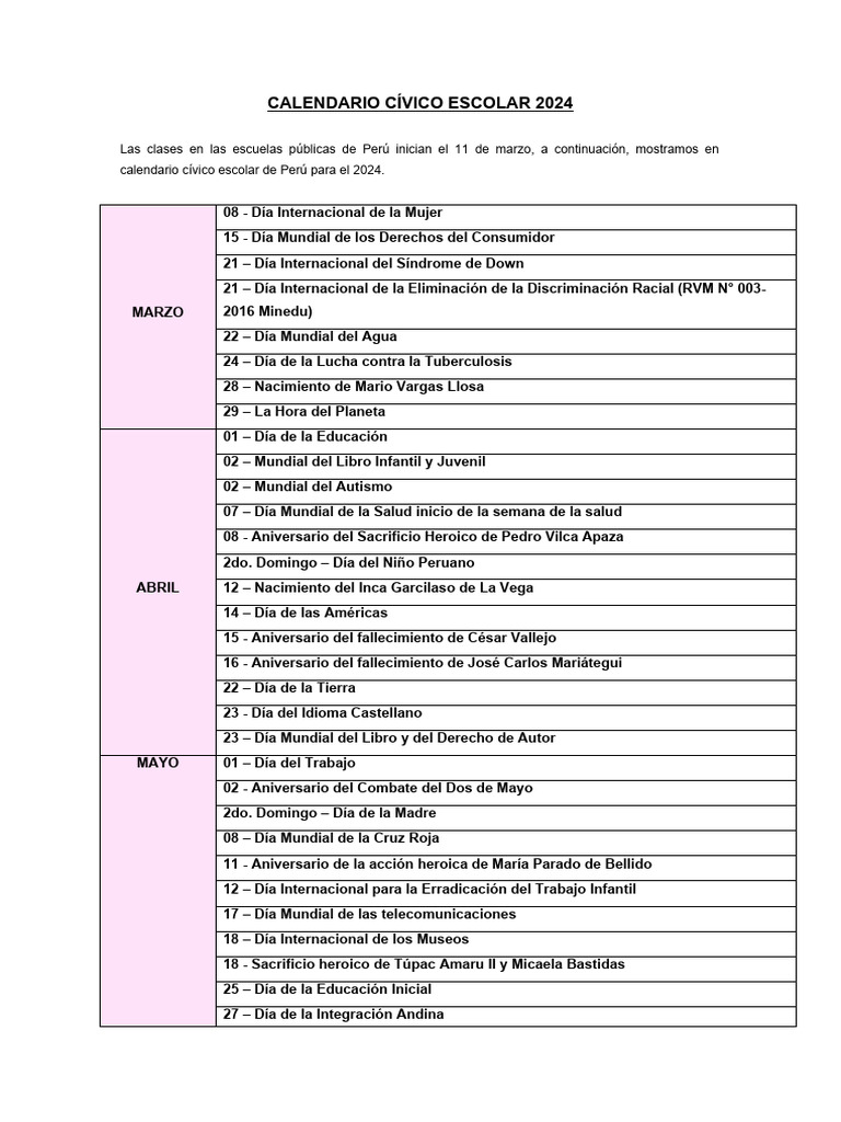 Calendario Cívico Escolar 2024 | PDF | Perú