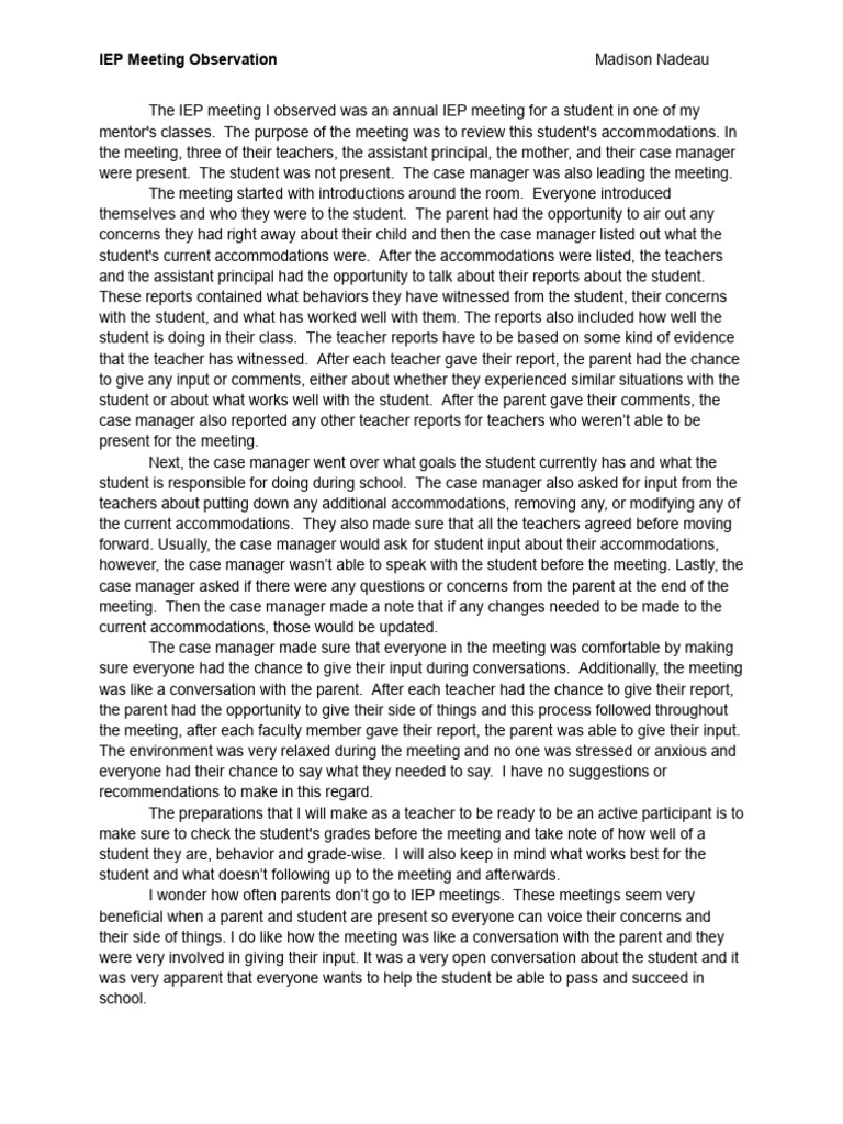 Iep Meeting Obersvation | PDF | Individualized Education Program | Behavioural Sciences