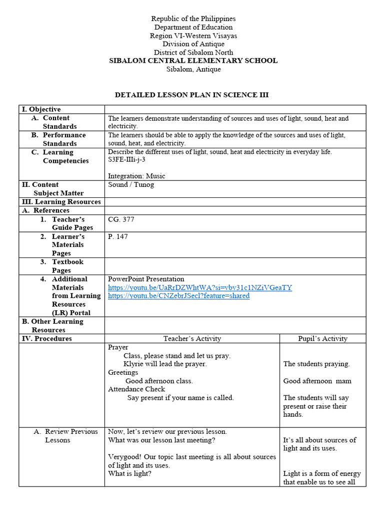 LESSON PLAN Grade 3- TUNOG SCIENCE_025133 | PDF | Sound | Learning