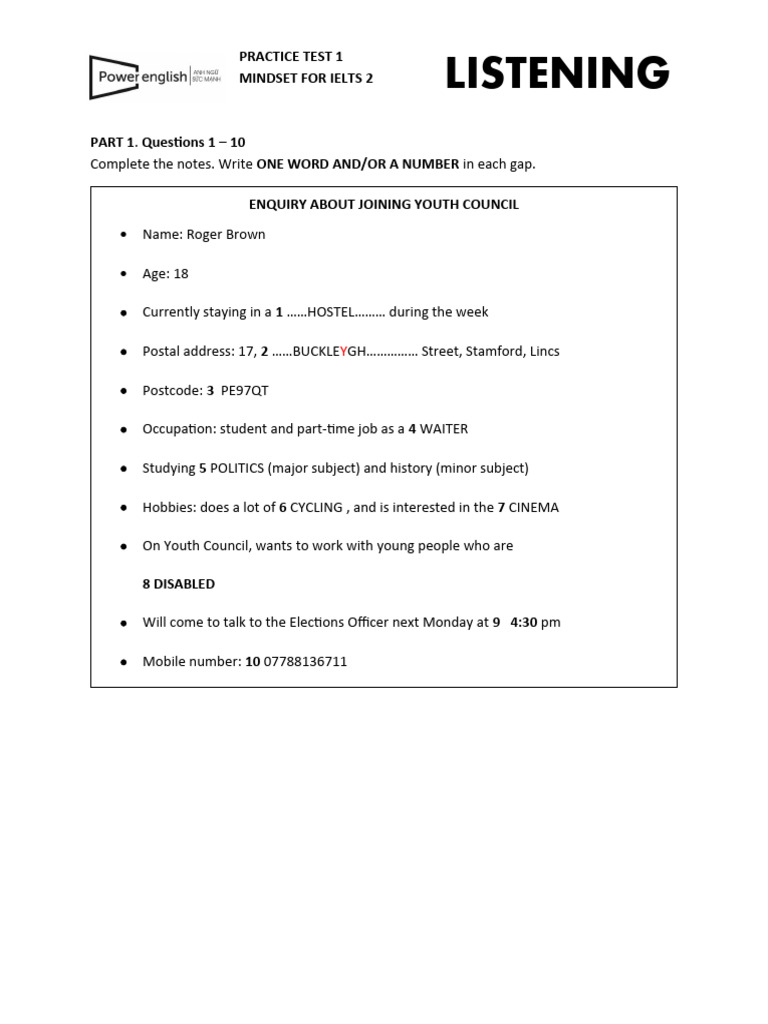 Ielts Level 2 - Listening - Practice Test 1 | PDF