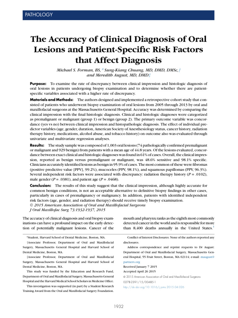 The Accuracy of Clinical Diagnosis of Oral Lesions and Patient-Specific ...
