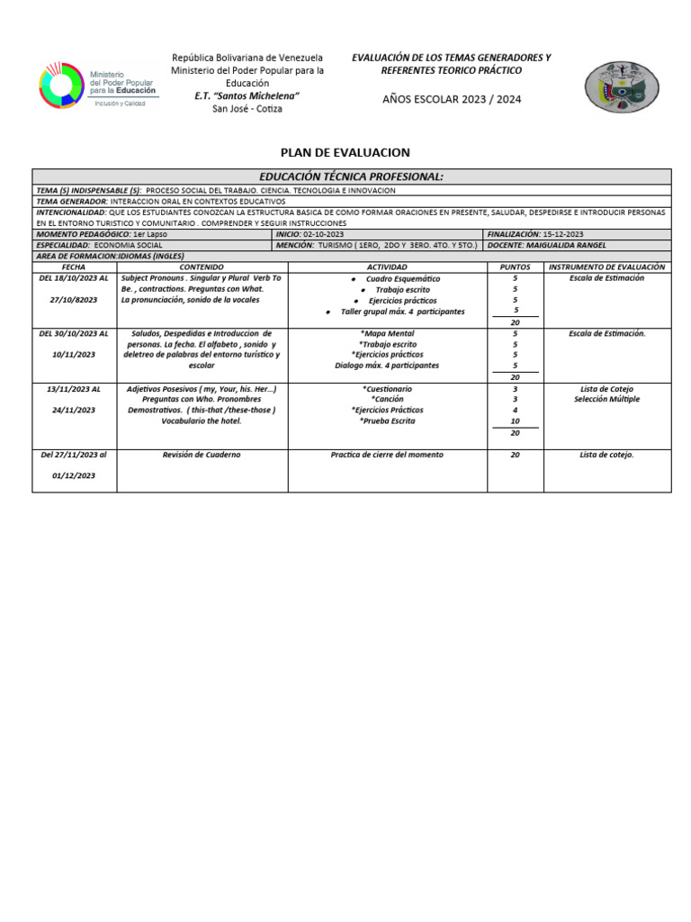 Plan De Evaluacion Para Los Alumnos Pdf Lingüística