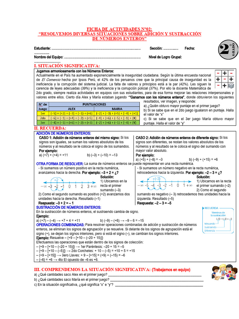 Ficha 2 de La Ses.1 Segundo 2024 | PDF | Sustracción | Entero