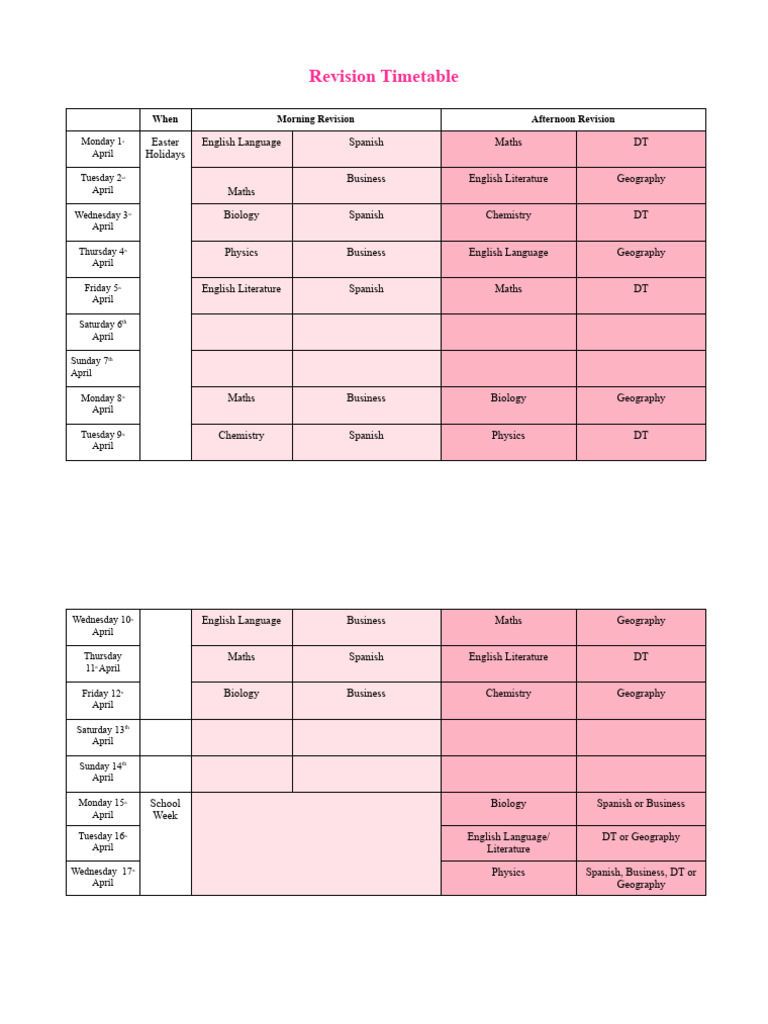 Exam Revision Timetable | PDF | Easter