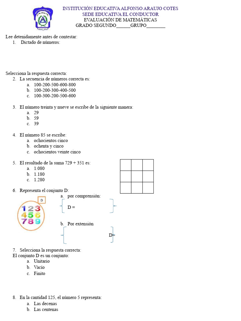 Evaluación de Mátematicas Segundo Grado- Primer Periodo | PDF