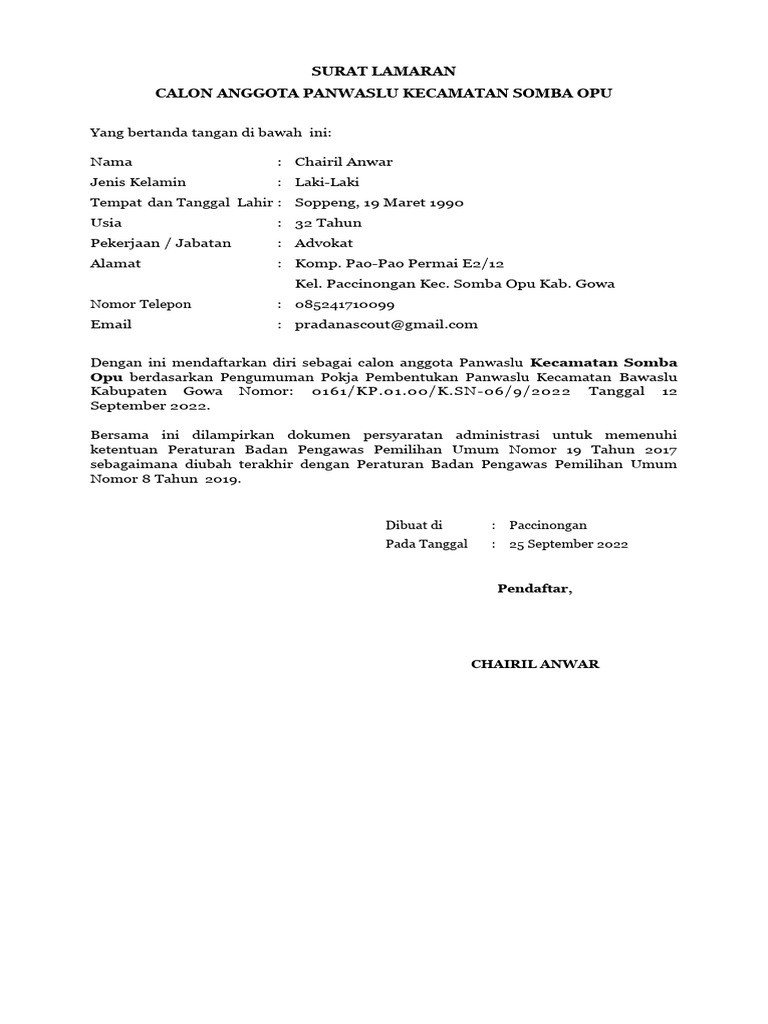 Lamaran Panwaslu Somba Opu | PDF