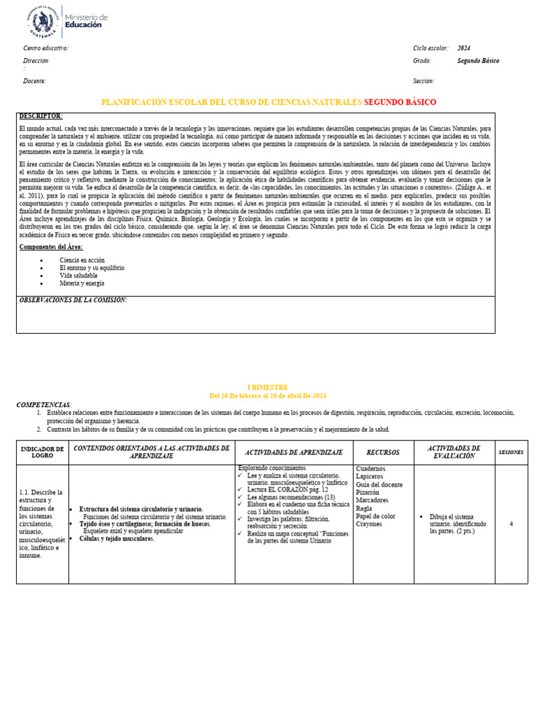Plan Ciencias Naturales Segundo Básico Bloque 1 | PDF | Músculo | Science