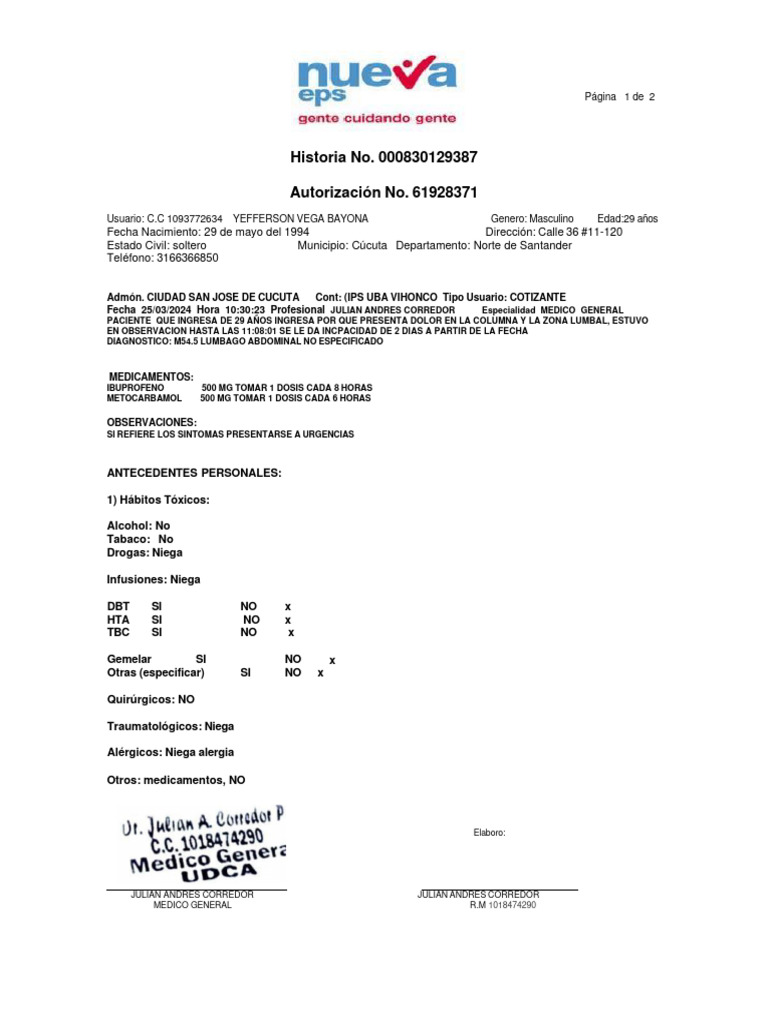 Historia Clinica Nueva Eps | PDF