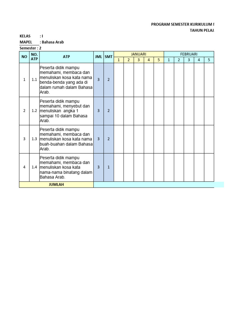 Program Semester Bahasa Arab Kelas 1 | PDF