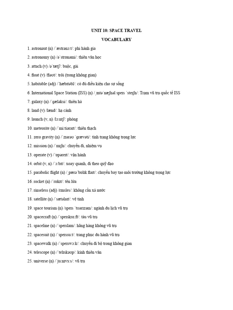 UNIT 10 - Space Travel (Vocabulary) | PDF