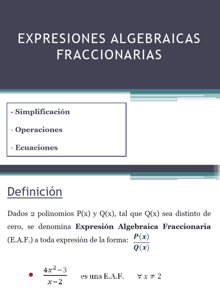 EXPRESIONES ALGEBRAICAS FRACCIONARIAS (Parte I) | PDF | Multiplicación | Conceptos matemáticos