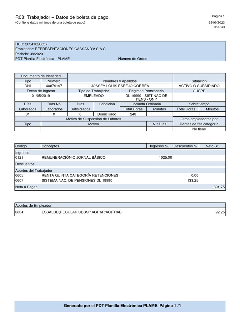 R08: Trabajador - Datos de Boleta de Pago | PDF