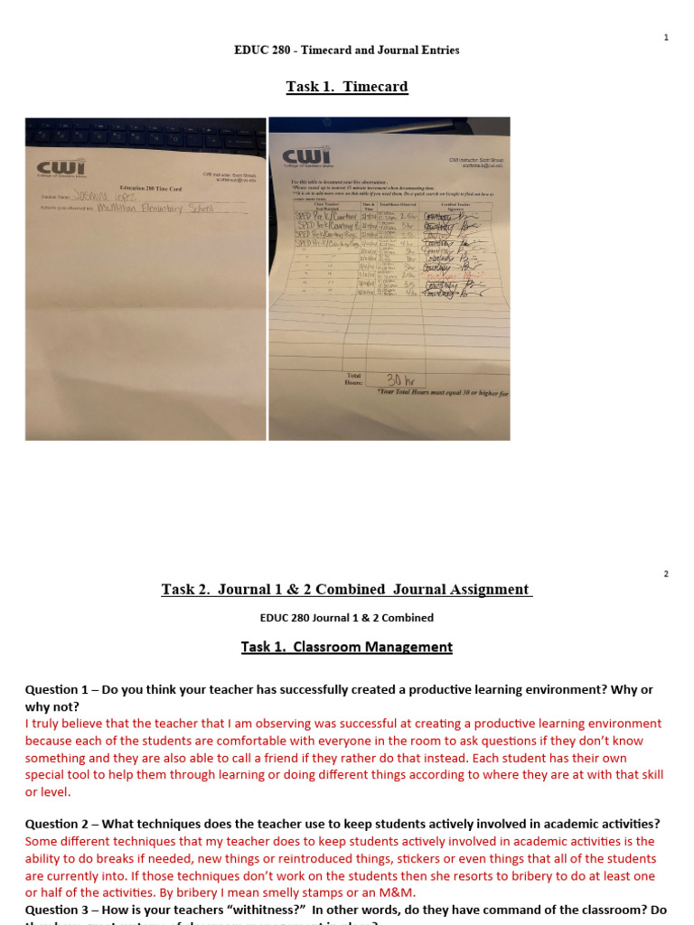 Signature Assignment Timecard and Journal Entries Educ 280 | PDF | Teachers | Classroom