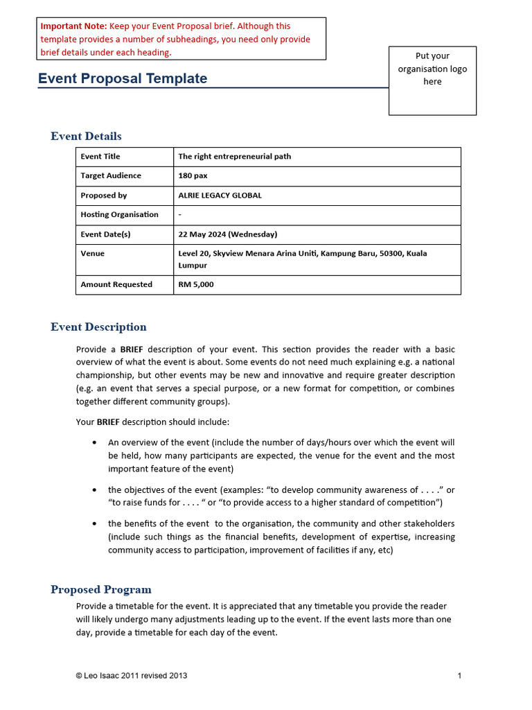 Event Proposal Template for Entrepreneurs | PDF | Risk | Economies