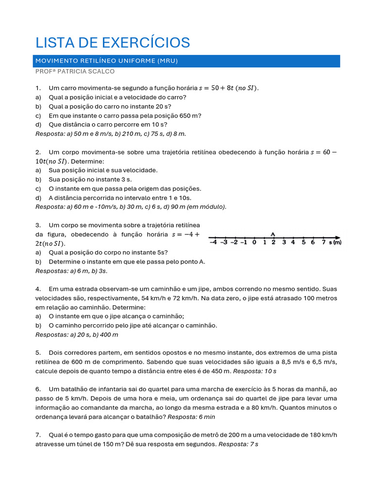 Lista de Exerc-Cios - MRU | PDF | Velocidade | Movimento (Física)
