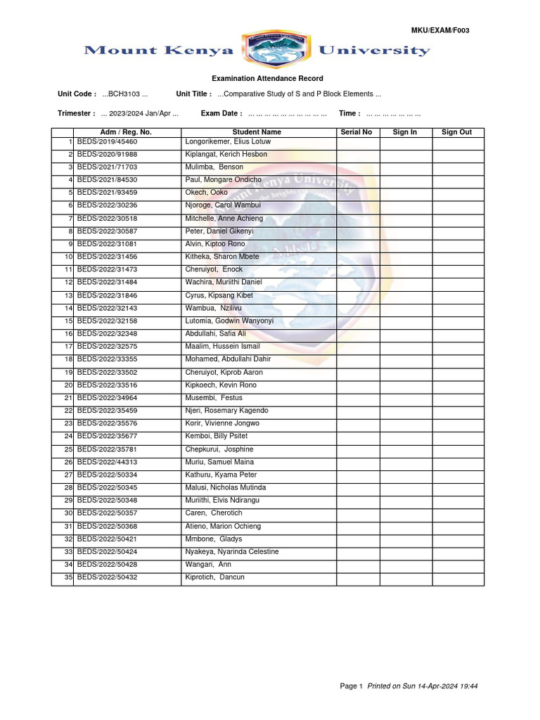 BCH 3103 Exam Register | PDF