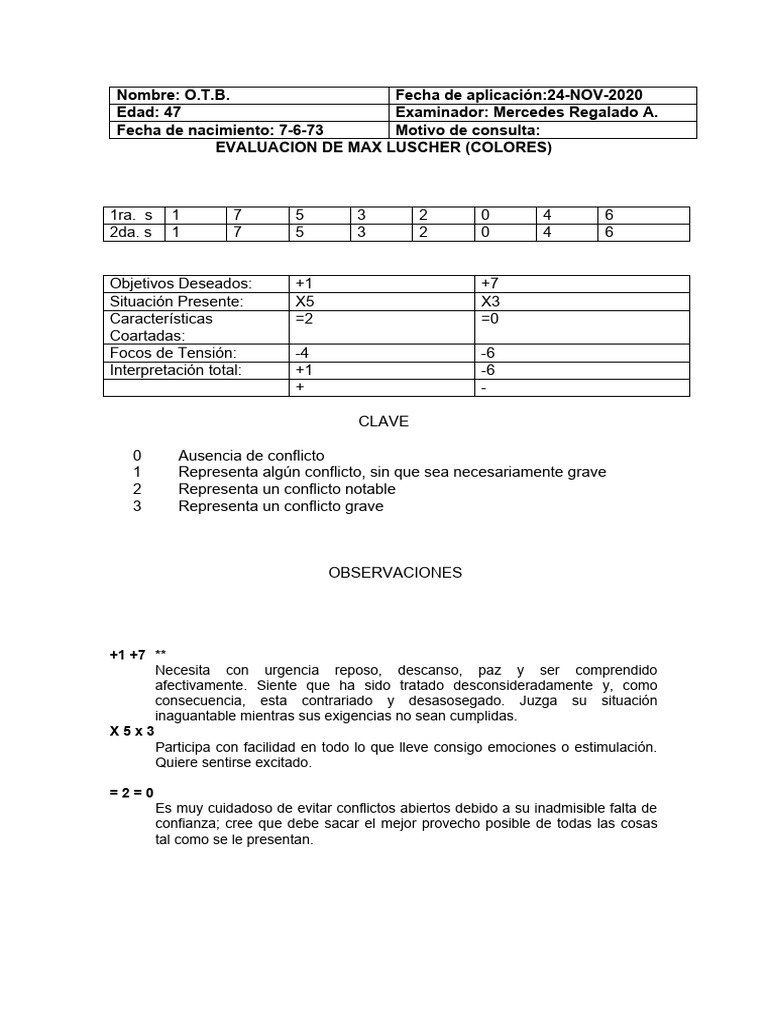 Formato Evaluacion Colores Contestado (2) (Psicometria) | PDF | Las ...