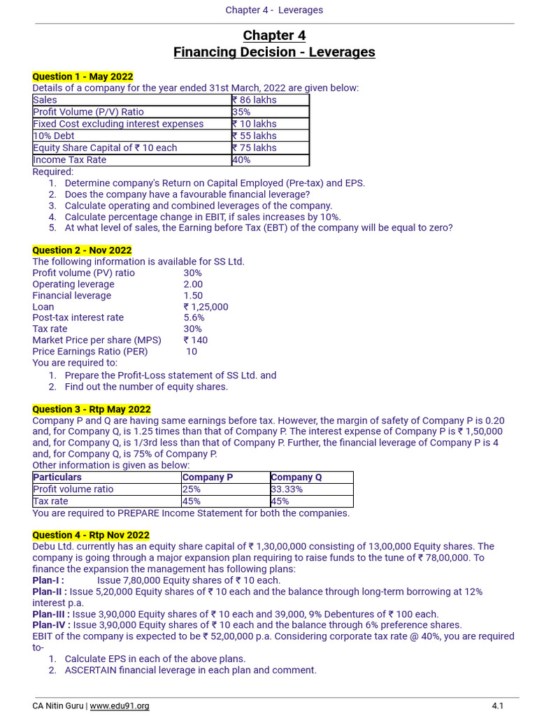 01 Leverages | Download Free PDF | Leverage (Finance) | Balance Sheet