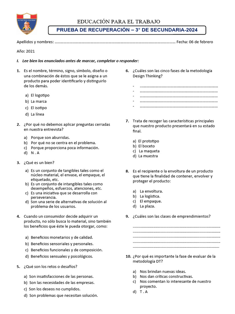 Educación para El Trabajo: Prueba de Recuperación - 3° de Secundaria ...