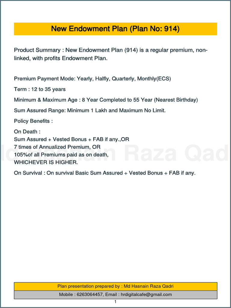 New Endowment Plan 914 Overview | PDF | Insurance | Financial Services