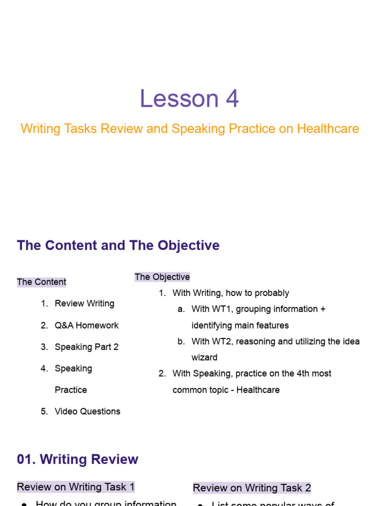 Lesson 4: Writing Tasks Review and Speaking Practice On Healthcare | PDF | Obesity