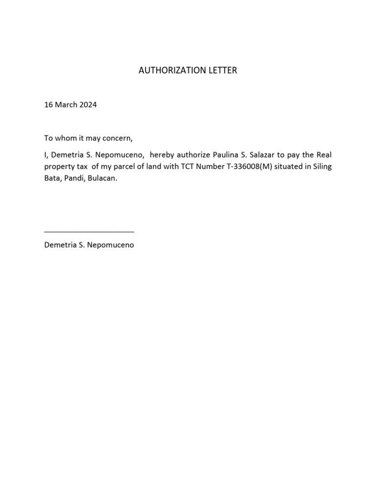 Authorization Letter Fo Pay Real Property Tax | PDF