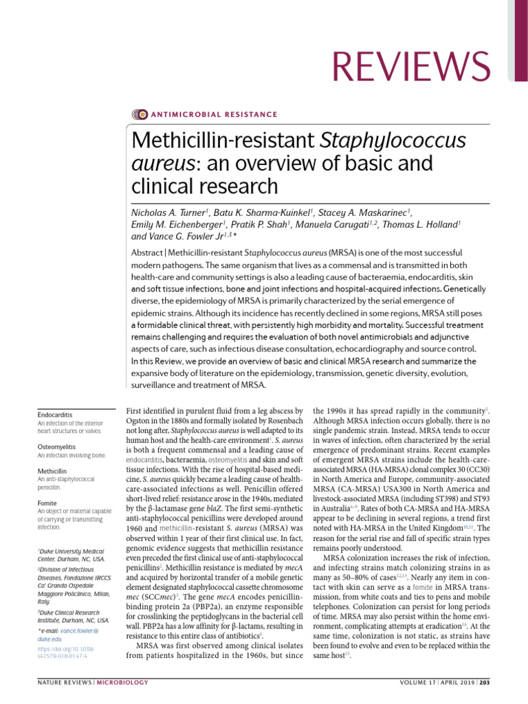 Reviews: Methicillin-Resistant Staphylococcus: An Overview of Basic and Clinical Research ...