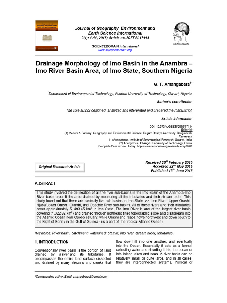 Drainage Morphology of Imo Basin in The Anambra - Imo River Basin Area ...