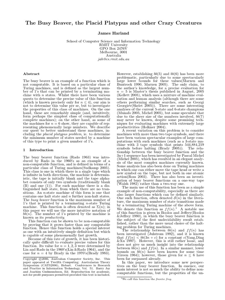 The Busy Beaver The Placid Platypus And-4 | PDF | Function (Mathematics ...