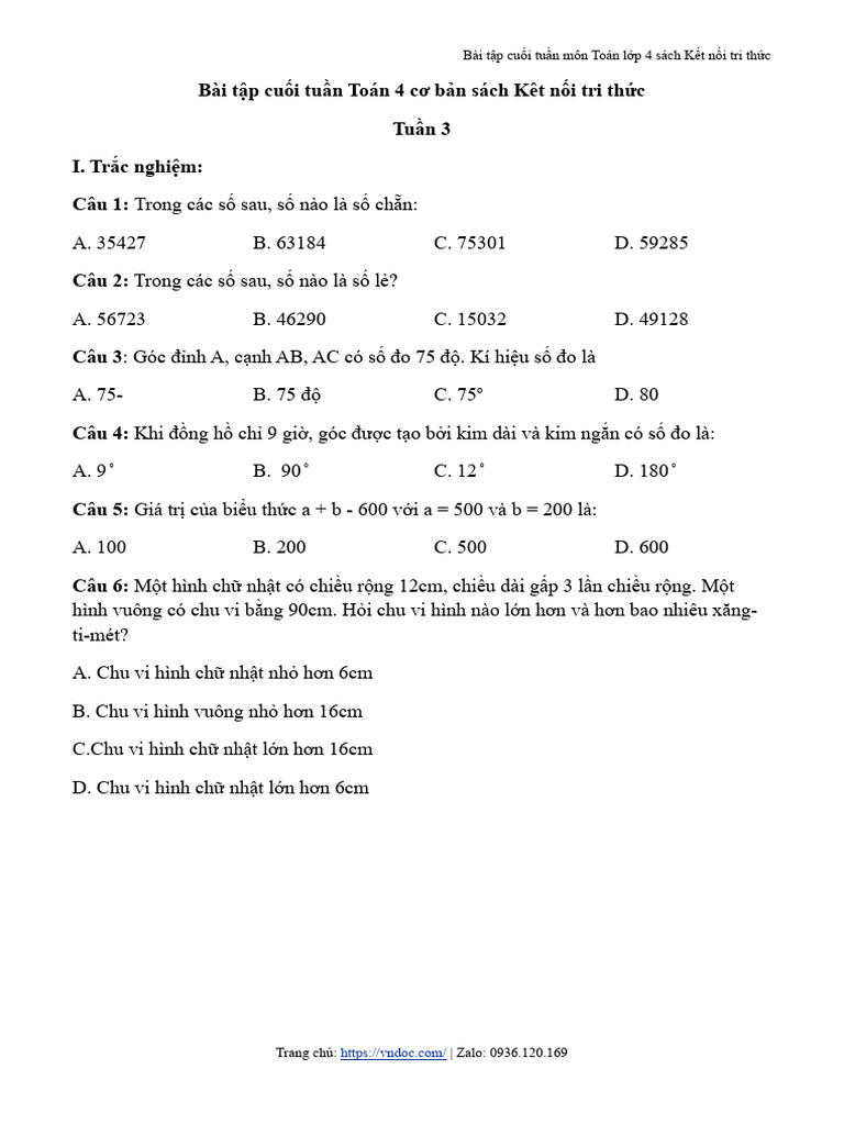 Phieu Bai Tap Co Ban Toan 4 Tuan 3 KNTT | PDF