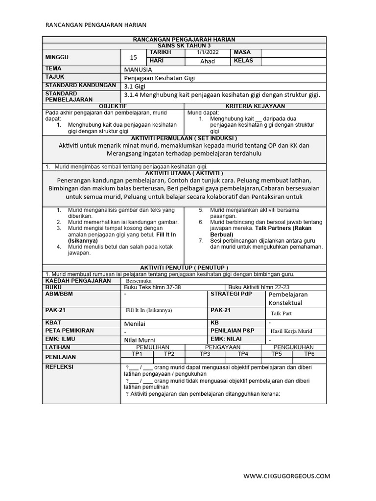 RPH MINGGU 15 SAINS THN 3 BY CIKGU GORGEOUS | PDF