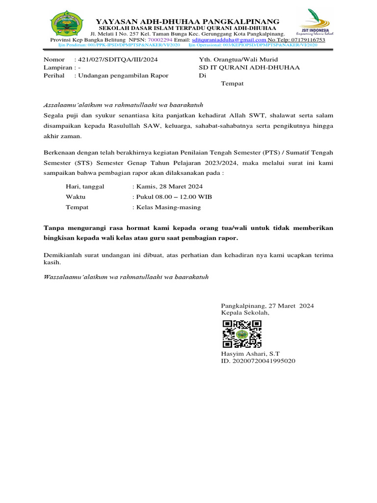 Surat Edaran Pengambilan Rapor PTS, Sts Semester Genap 2024 | PDF