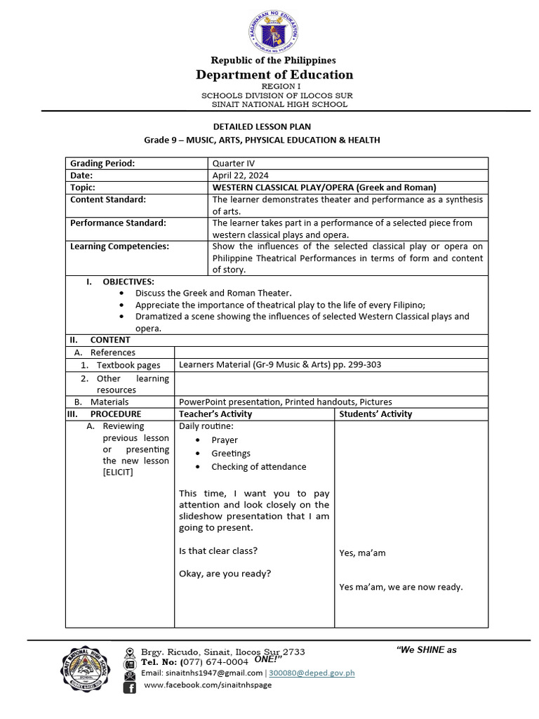 Grade 9 Lesson Plan: Western Classical Theater | PDF | Theatre ...