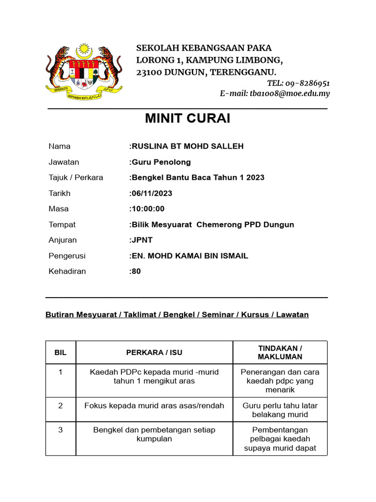 LAPORAN MINIT CURAI Bengkel Bantu Baca Tahun 1 202306 - 11 - 2023 | PDF