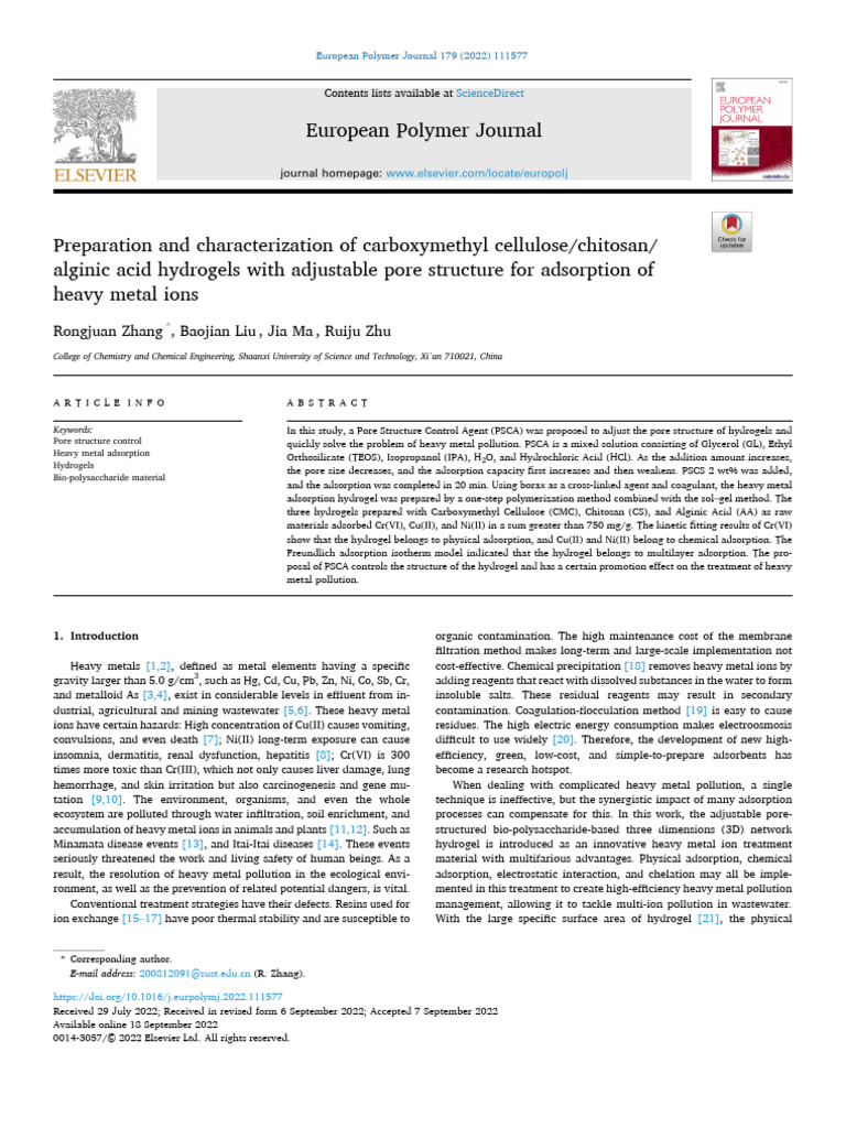 European Polymer Journal: Rongjuan Zhang, Baojian Liu, Jia Ma, Ruiju ...