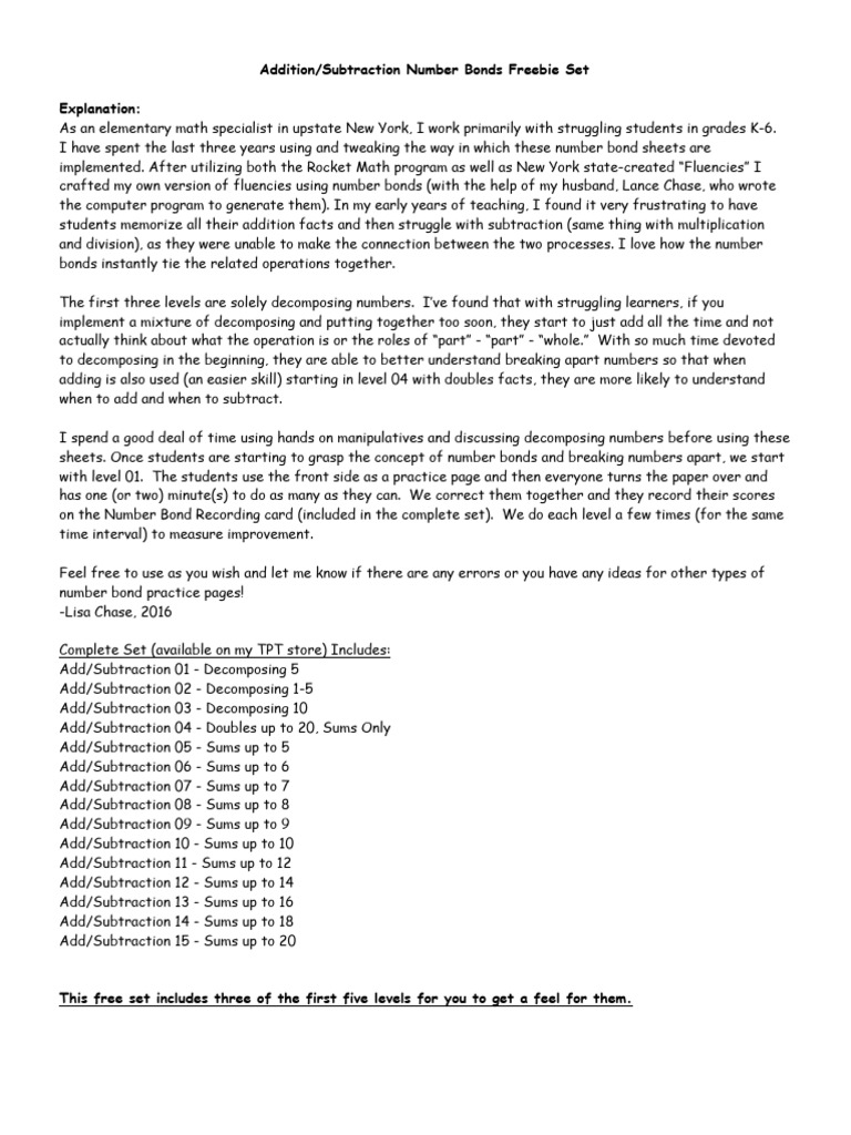Addition/Subtraction Number Bonds Freebie Set Explanation | PDF | Cognition