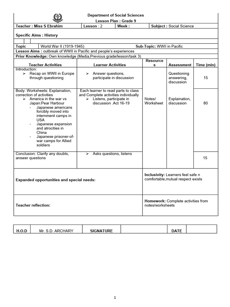 GR 9 SS Lesson Plan Hist WWII in Pacific 2015 Centenary Sec | PDF