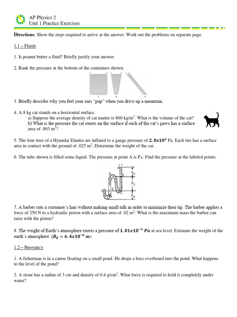 Unit 1 Exercises | PDF | Buoyancy | Pressure