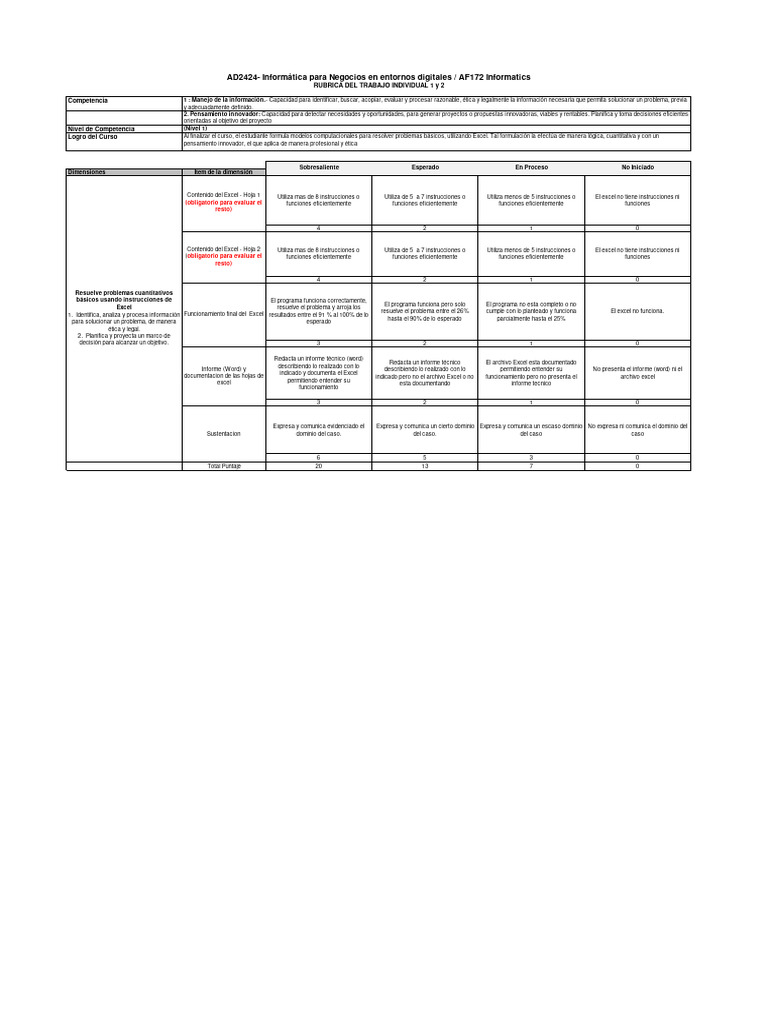 Rúbrica Trabajo Individual 1 y 2 (MS EXCEL) | PDF | Microsoft Excel ... Rúbrica Trabajo Individual 1 y 2 (MS EXCEL) | PDF | Microsoft Excel ...