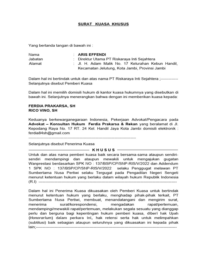 Surat Kuasa Khusus PT Ris | PDF