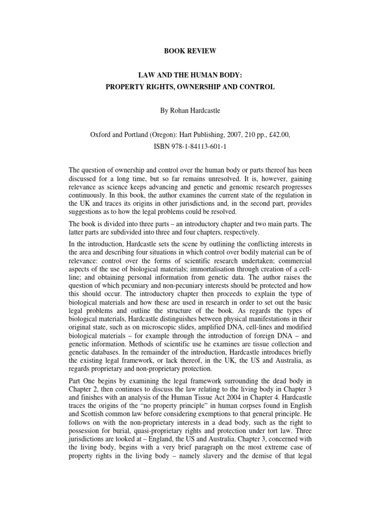 LAW AND THE HUMAN BODY - Property Rights, Ownership and Control | PDF ...