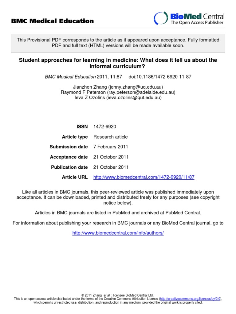 BMC Medical Education: Student Approaches For Learning in Medicine ...