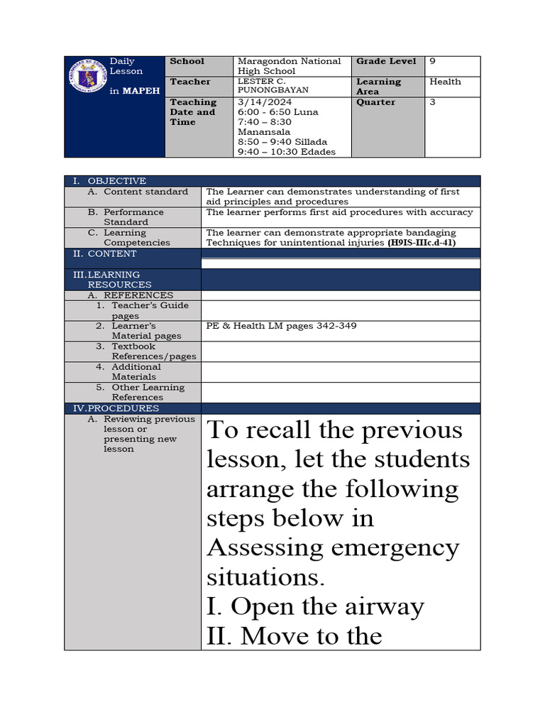 Health 9 - Week 2 - 3 - 3-14-2014 | PDF | Learning | First Aid