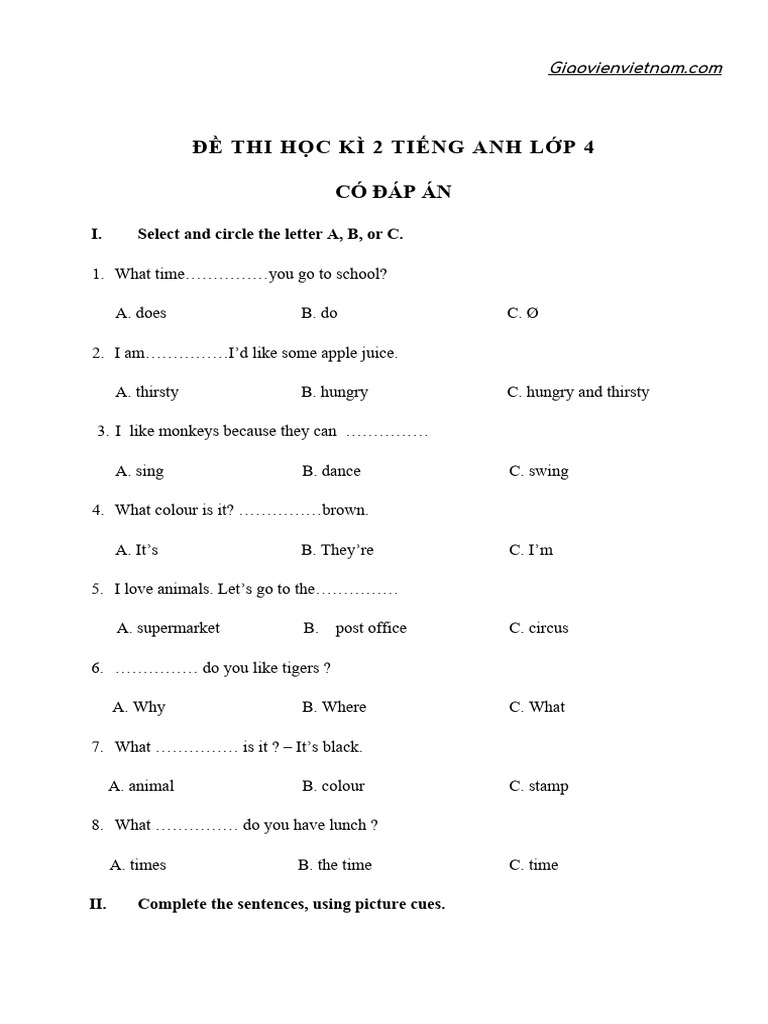 De Thi Hoc Ki 2 Mon Tieng Anh Lop 4 So 1 | PDF