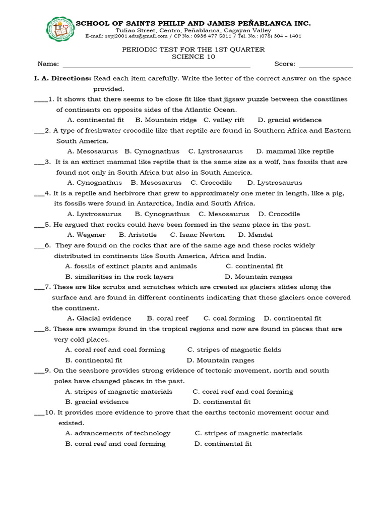 Peridic Test Science 10 | PDF | Plate Tectonics | Light