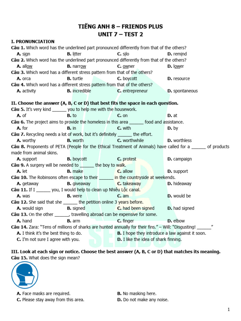 Tieng Anh 8 Friends Plus - Unit 7 - Test 2 | PDF | Teachers