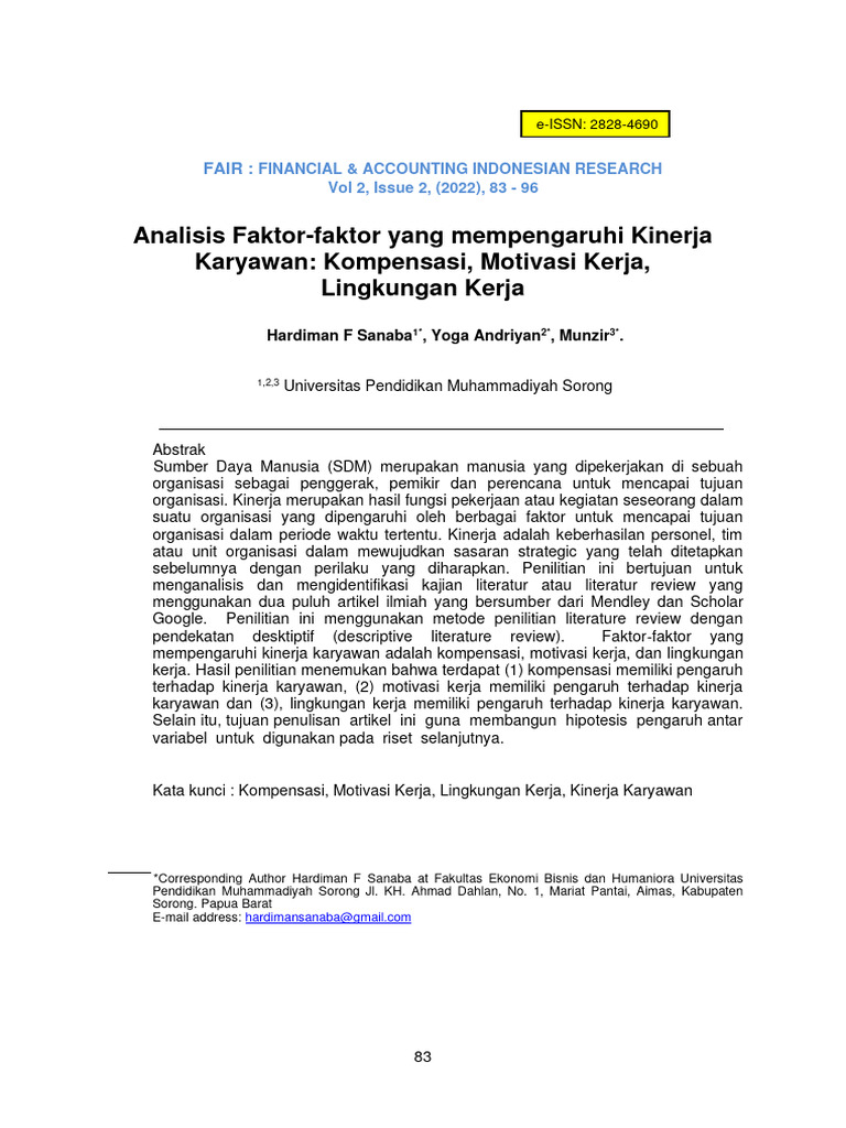 Analisis Faktor-Faktor Yang Mempengaruhi Kinerja Karyawan Kompensasi, Motivasi Kerja, Lingkungan ...
