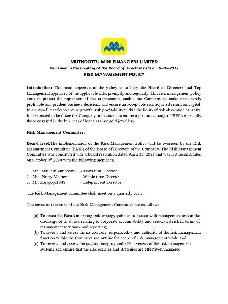 Muthoot Mini Financiers Risk Management Policy | PDF | Loans | Credit Risk