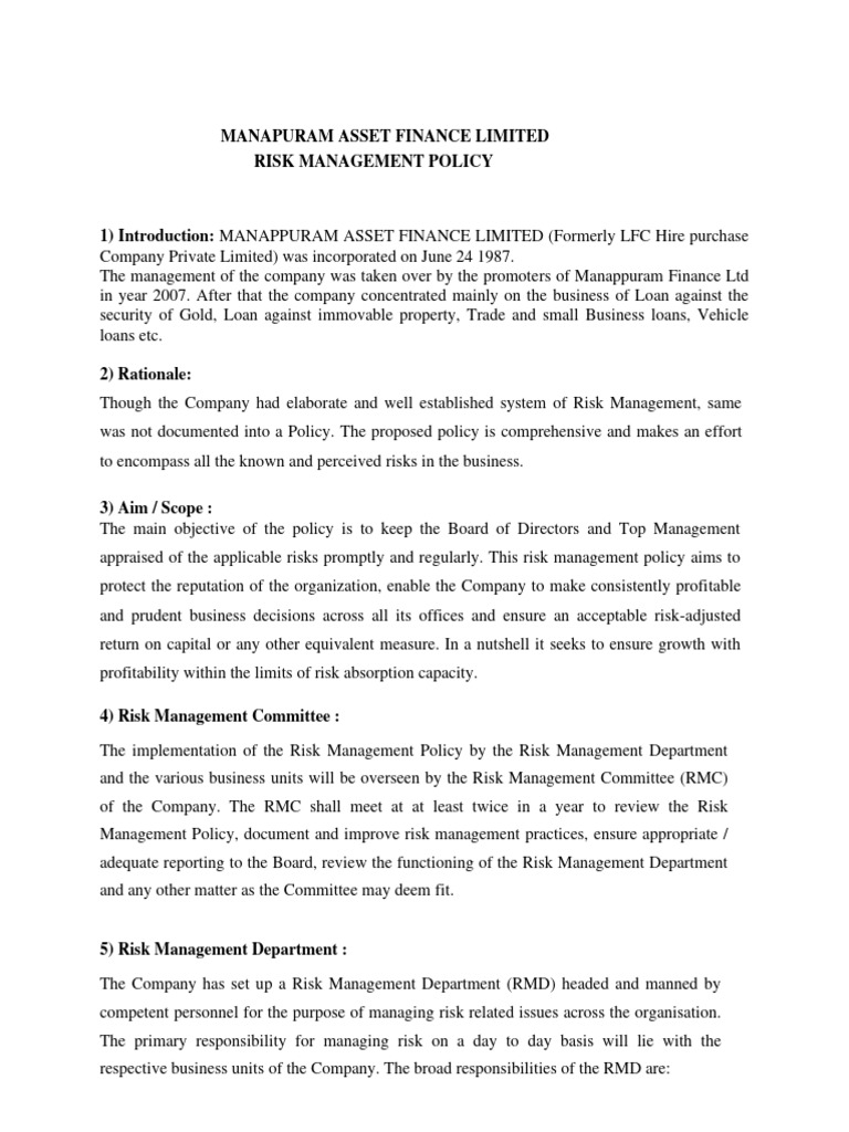 Risk-Management-Policy Manappuram | PDF | Financial Risk | Loans